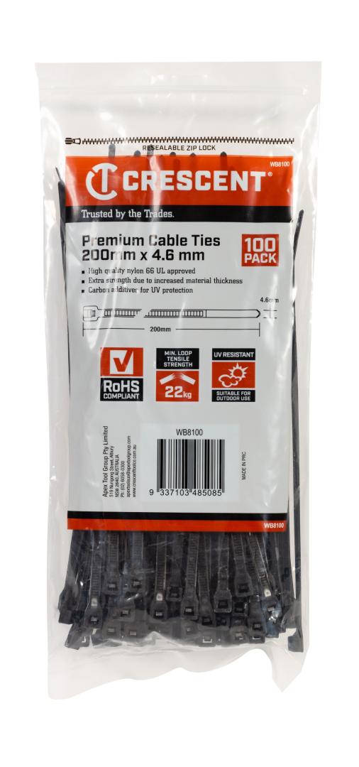 200mm x 4.6mm Black Cable Ties - 100 Pk. - Crescent Tools